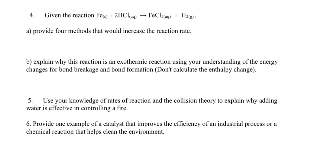 Solved Given the reaction Fe(s)+2HCl(aq)→FeCl2(aq)+H2(g),a) | Chegg.com
