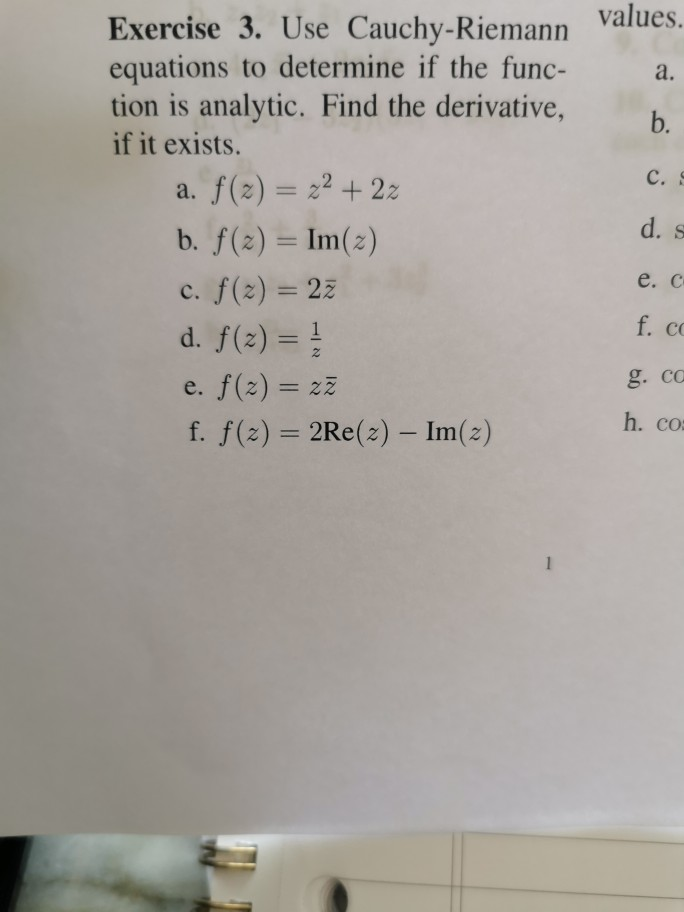 Solved values. Exercise 3. Use Cauchy-Riemann equations to | Chegg.com
