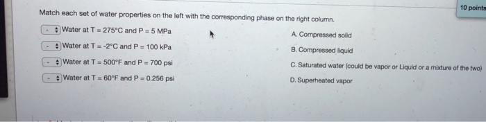 Solved 10 points Match each set of water properties on the | Chegg.com