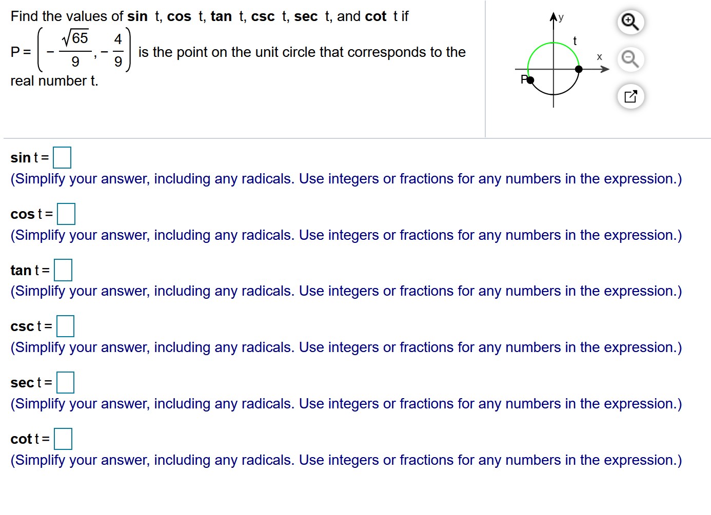 Solved Find the values of sin t, cos t, tan t, csc t, sec t, | Chegg.com