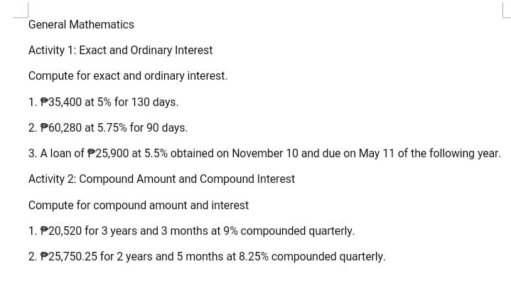 Solved General Mathematics Activity 1: Exact and Ordinary | Chegg.com