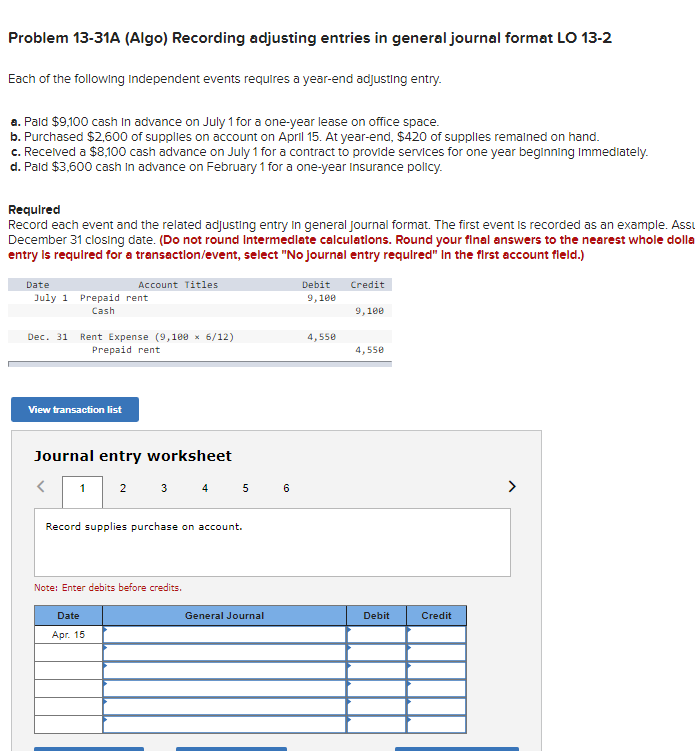Solved Problem 13-31A (Algo) Recording adjusting entries in | Chegg.com