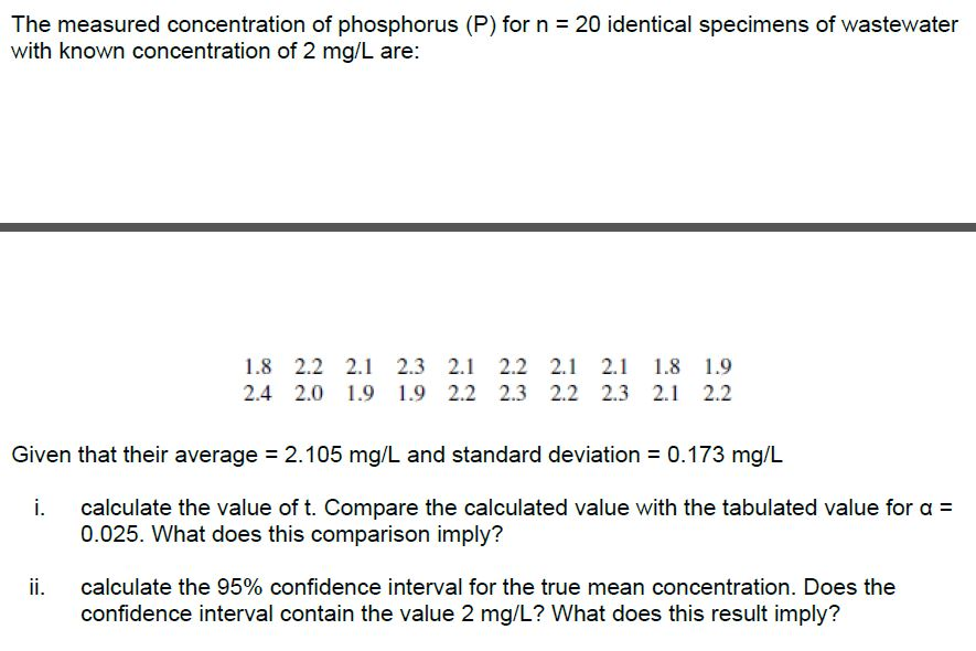 Solved The measured concentration of phosphorus (P) for n = | Chegg.com