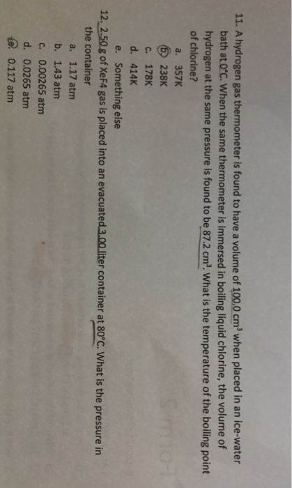 Solved 11. A hydrogen gas thermometer is found to have a | Chegg.com