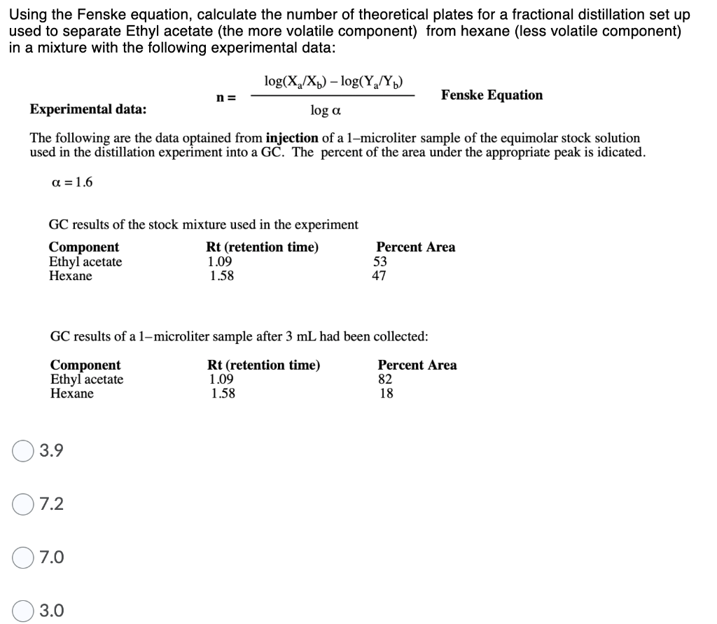 Solved Using the Fenske equation, calculate the number of | Chegg.com