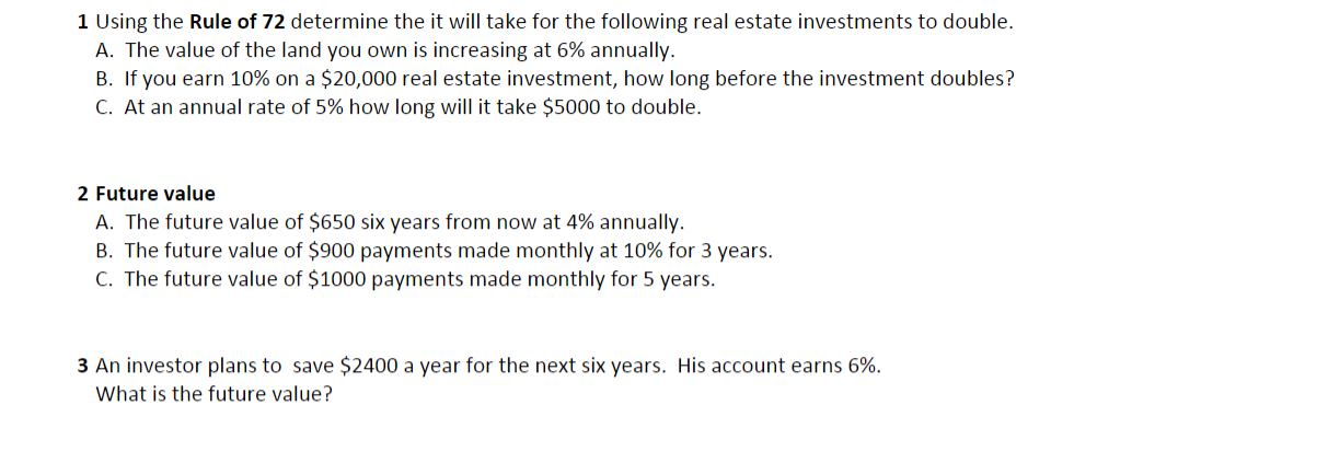 Solved 1 Using the Rule of 72 determine the it will take for | Chegg.com