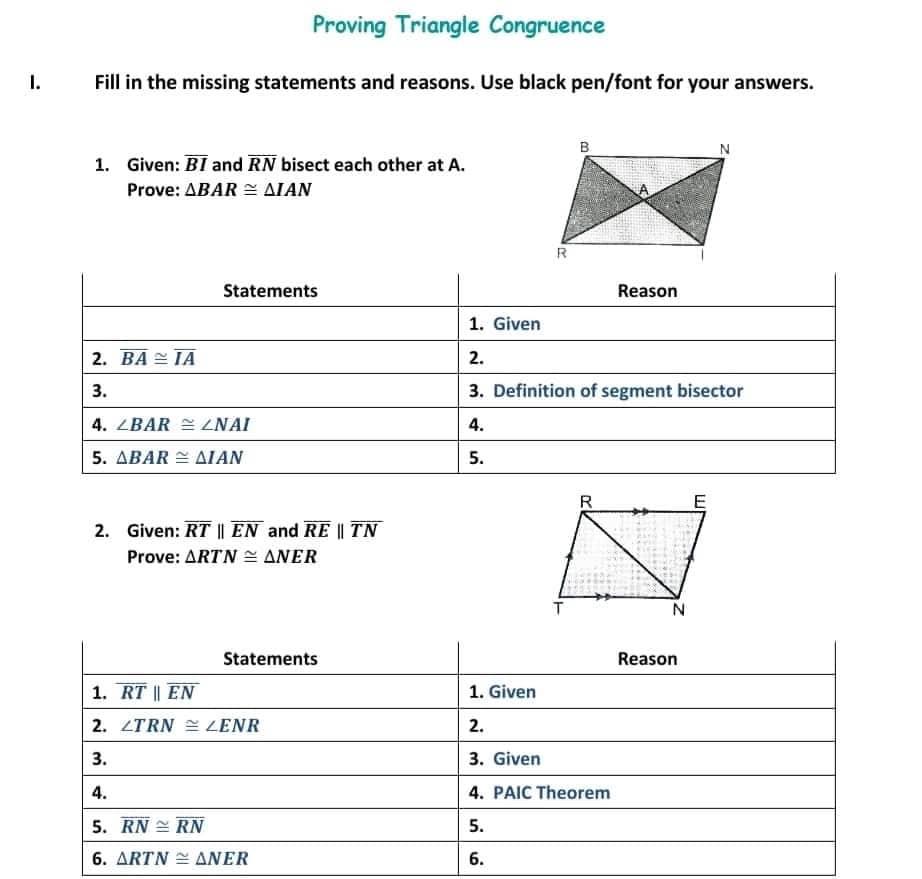 Solved Proving Triangle Congruence I. Fill in the missing | Chegg.com