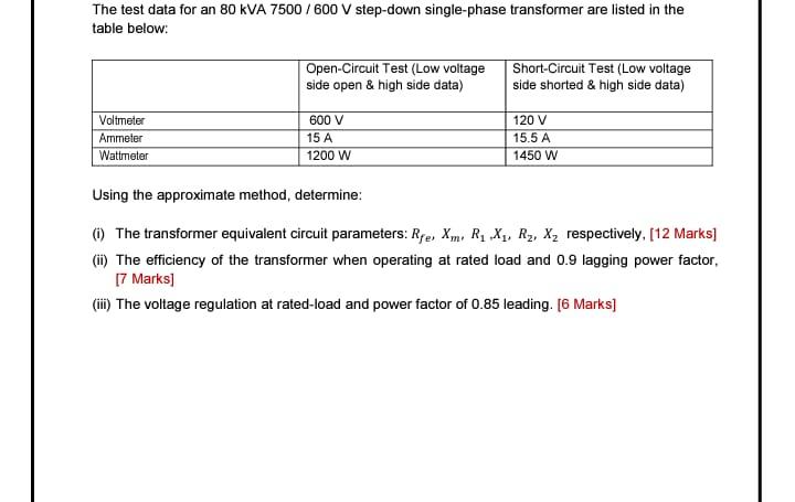 Solved The test data for an 80 KVA 7500 / 600 V step-down | Chegg.com