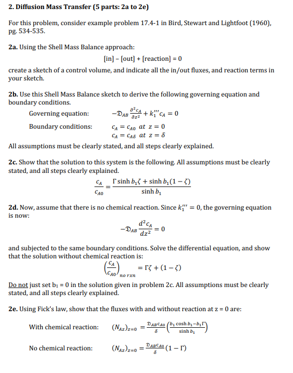 Diffusion Mass Transfer (5 ﻿parts: 2 ﻿a to 2e )For | Chegg.com