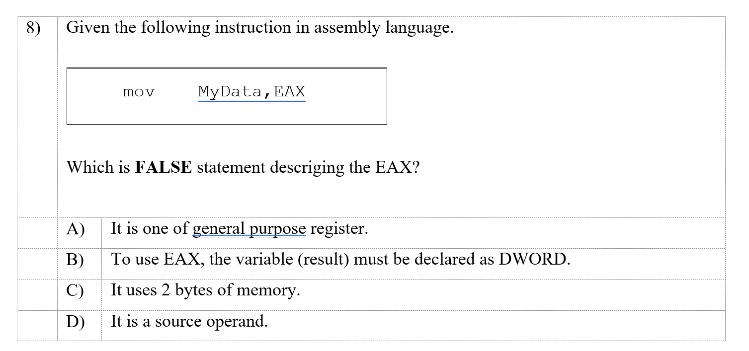Solved 8) Given the following instruction in assembly | Chegg.com