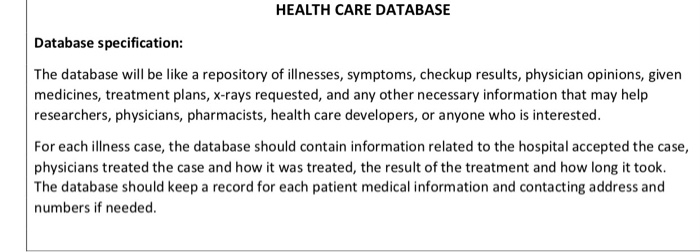 Solved HEALTH CARE DATABASE Database specification: The | Chegg.com
