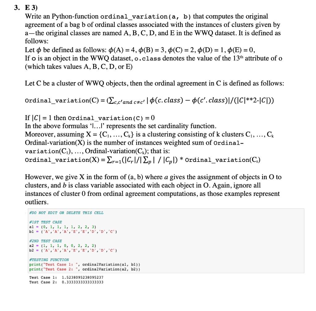 3. E 3) Write an Python-function ordinal_variation(a, | Chegg.com