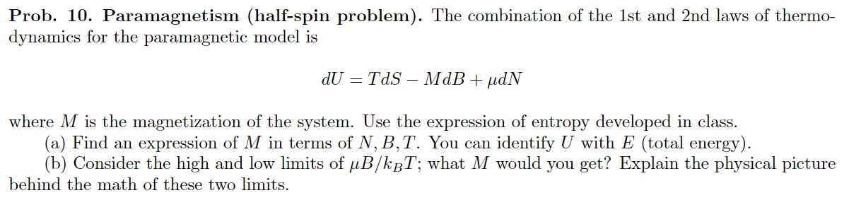 Prob. 10. Paramagnetism (half-spin problem). The | Chegg.com