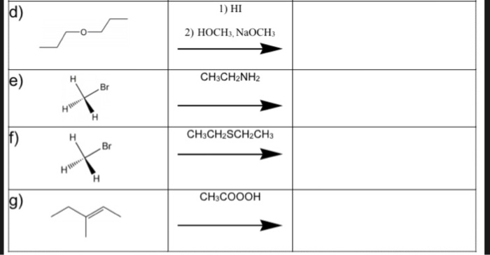 Solved d) 1) HI 2) HOCH, NaOCH CH3CH2NH2 e) Br CH3CH2SCH2CH3 | Chegg.com