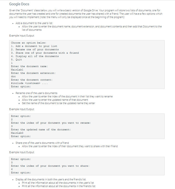 Solved Google Docs Given the 'Document class below, you will | Chegg.com