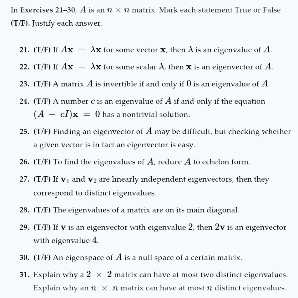 Solved In Exercises 21−30,A is an n×n matrix. Mark each | Chegg.com