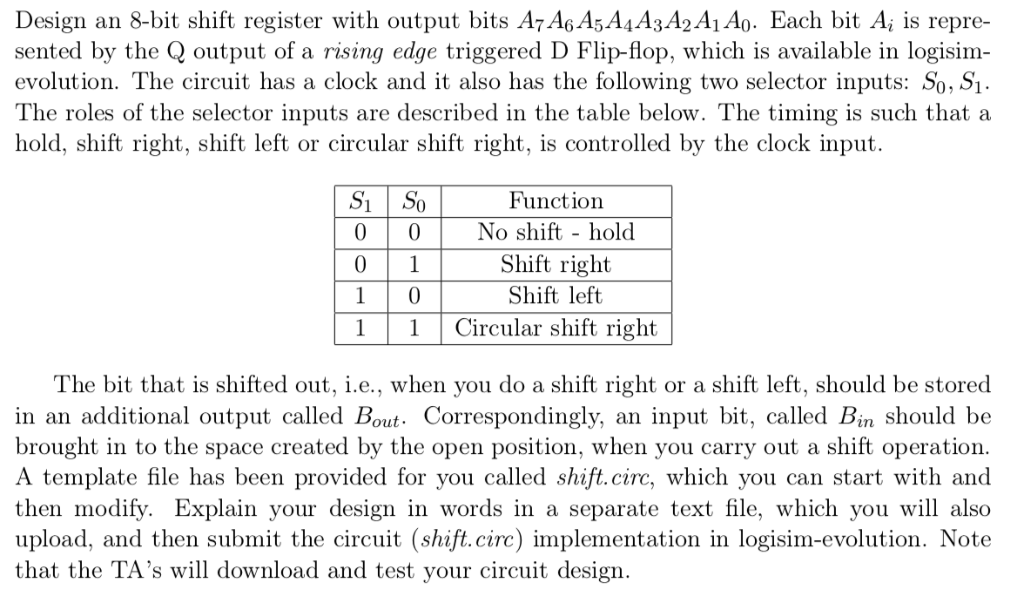 Solved Design 8 Bit Shift Register Output Bits A7a6 A5a4a3a2ai Ao Bit Repre Sented Q Output 3016