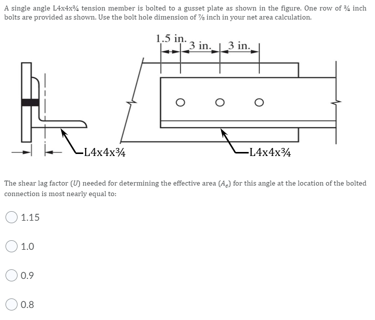 Solved A single angle L4x4x2/4 tension member is bolted to a | Chegg.com