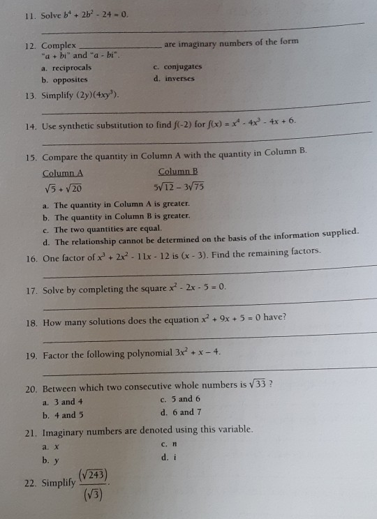 Solved 11. Solve b 2b-24-0. 12. Complex are imaginary | Chegg.com
