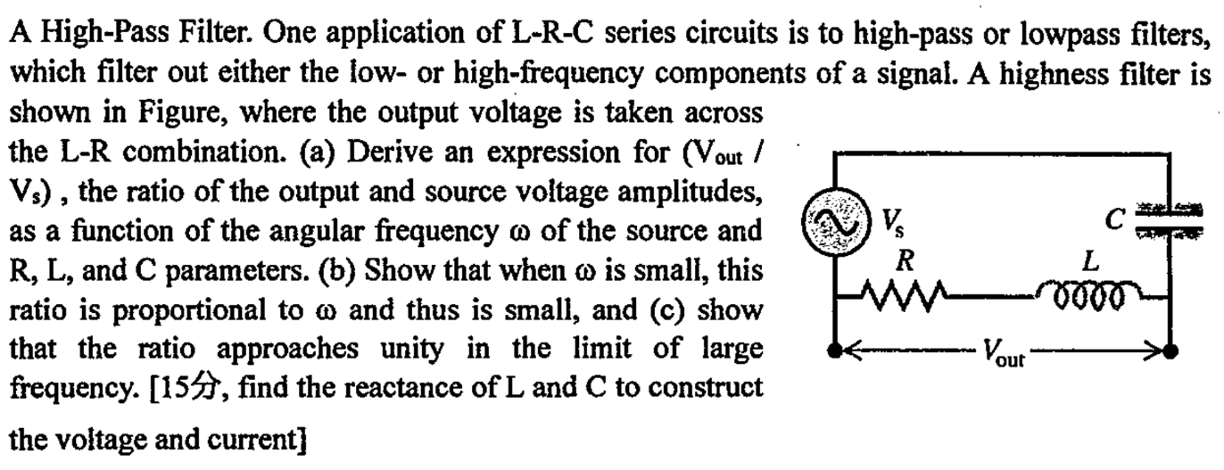 Solved A High-Pass Filter. One application of L-R-C series | Chegg.com