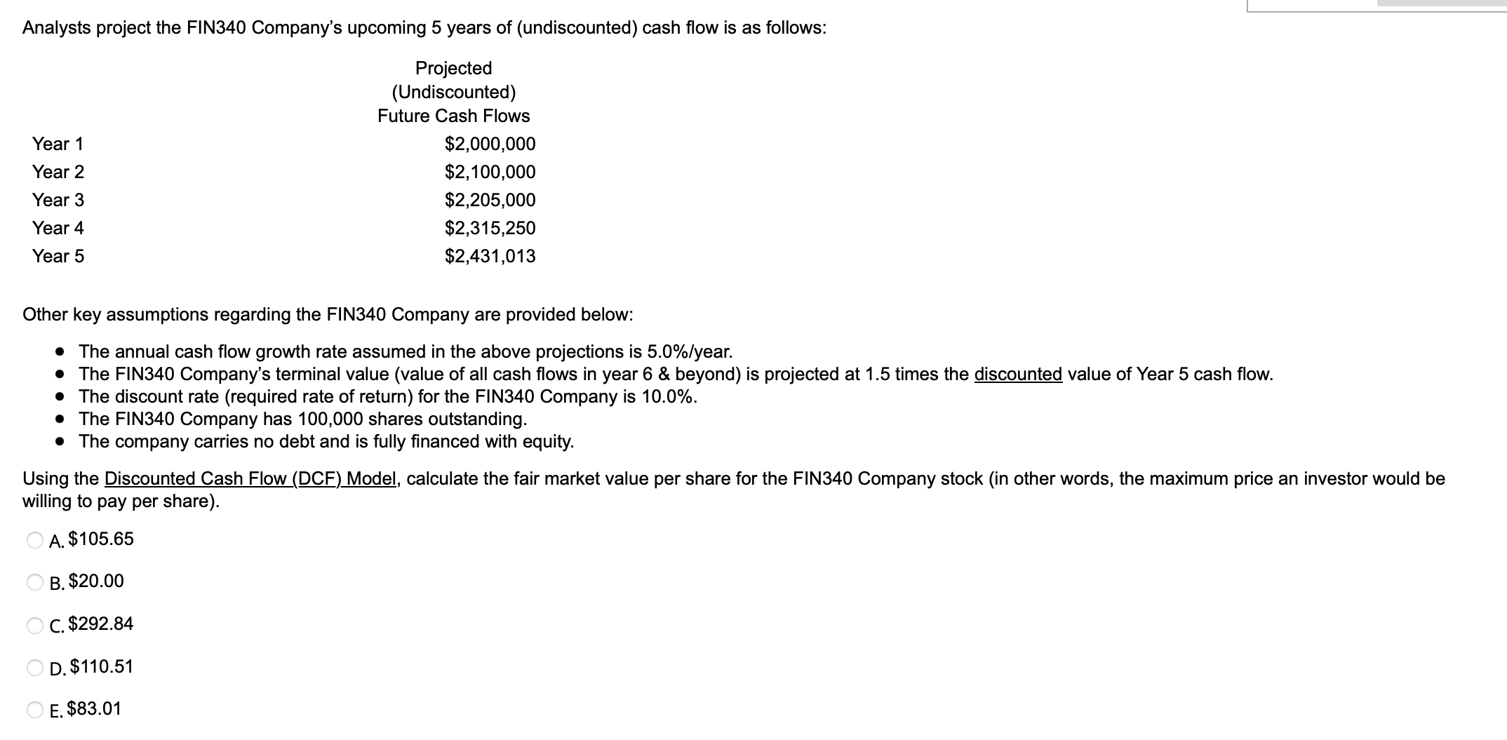 Solved Analysts project the FIN340 Company's upcoming 5 | Chegg.com