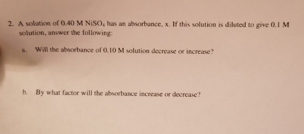 Solved 2. A solution of 0.40 M NiSO, has an absorbance. x. | Chegg.com