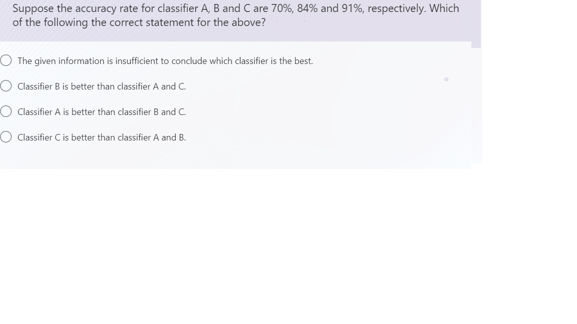 Solved Suppose the accuracy rate for classifier A, B and C | Chegg.com