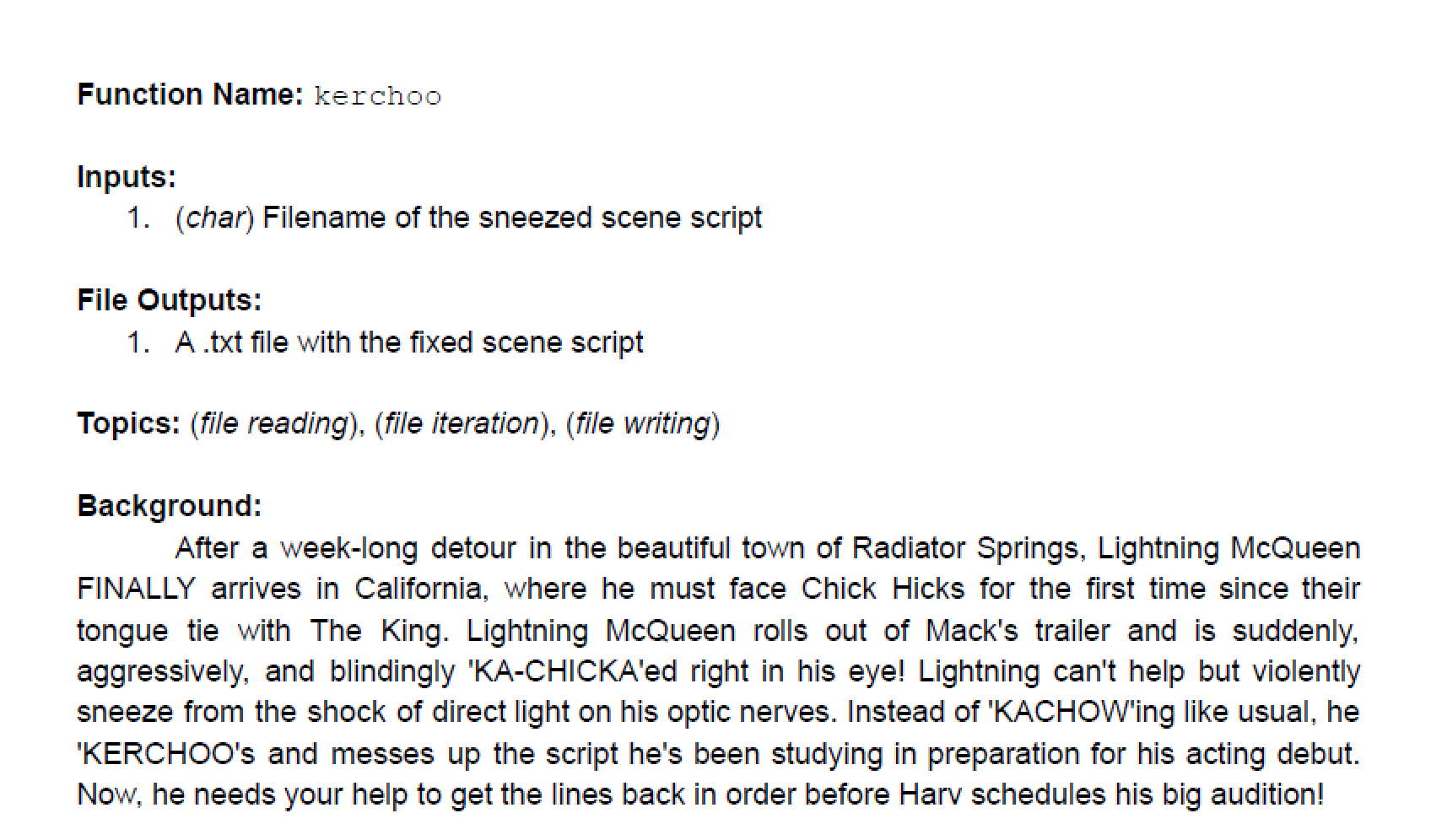 Solved Function Name: kerchoo Inputs: 1. (char) Filename of | Chegg.com