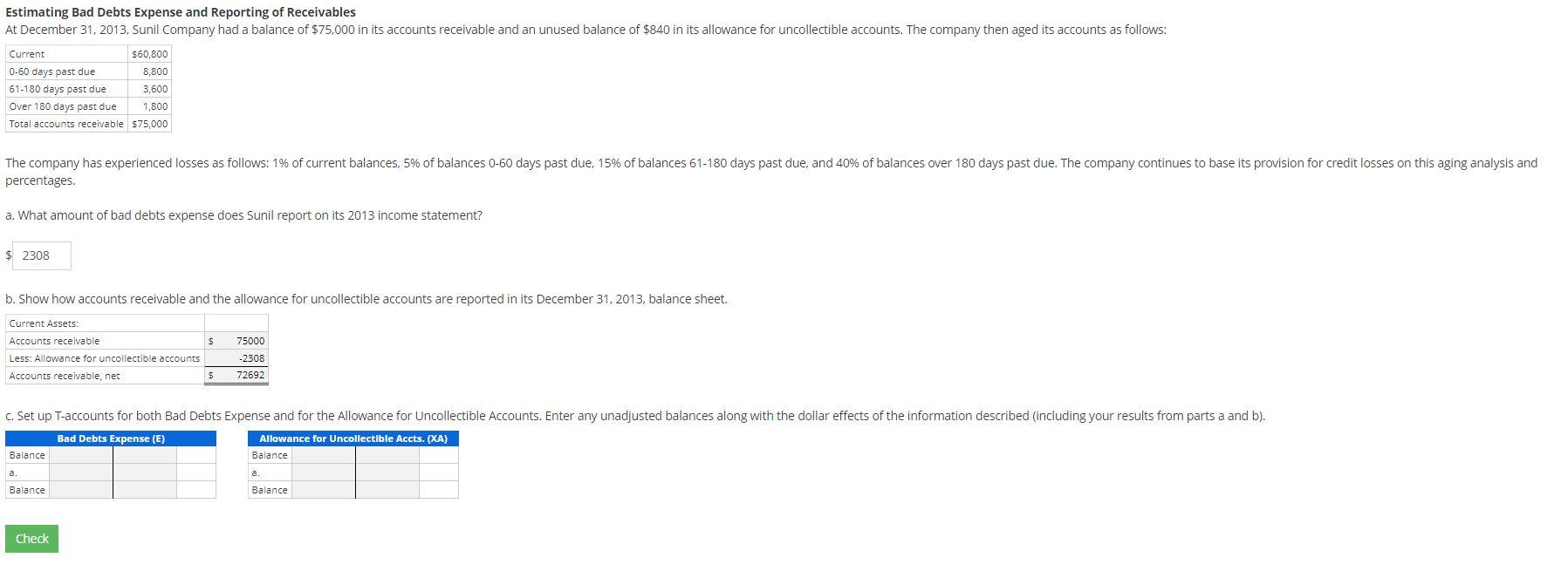 Solved Estimating Bad Debts Expense and Reporting of | Chegg.com