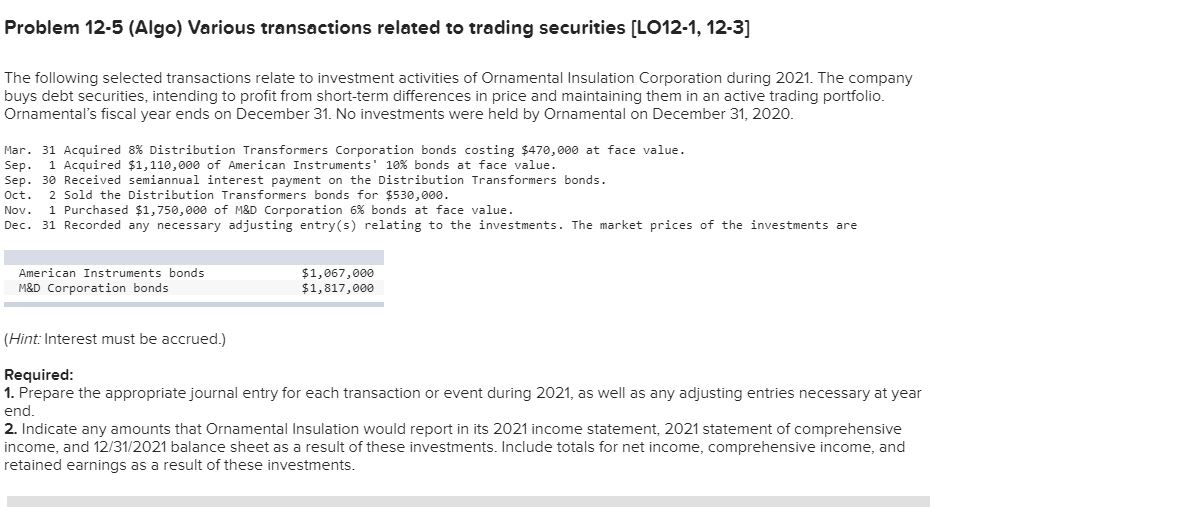 Solved Problem 12-5 (Algo) Various transactions related to | Chegg.com