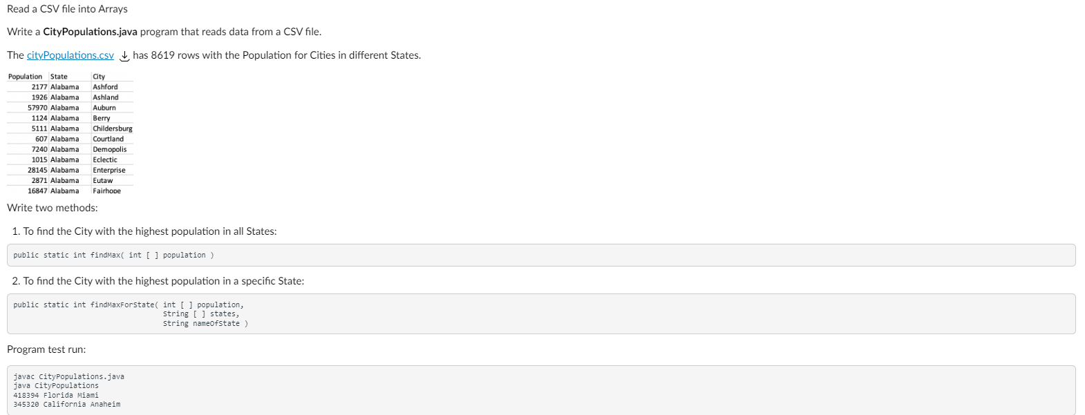 Read a CSV file into Arrays Write a City | Chegg.com