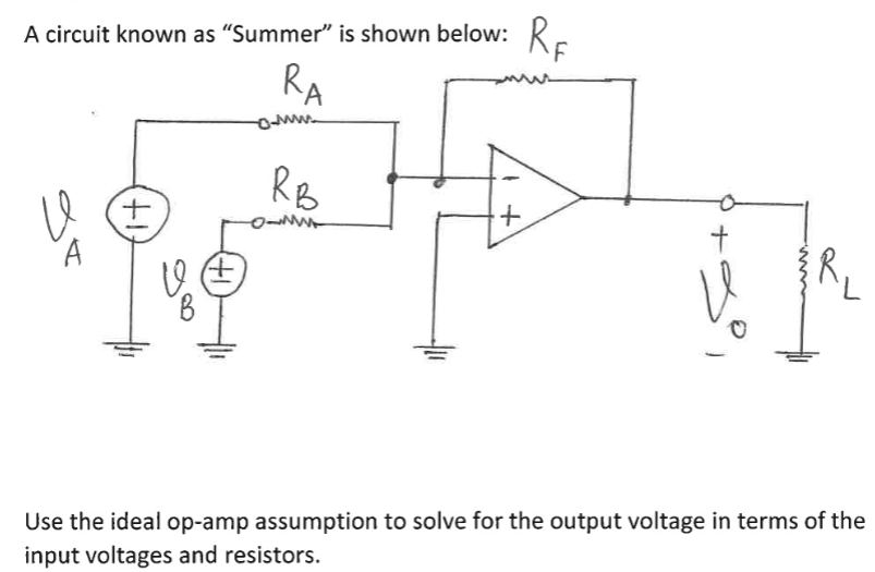 Solved A circuit known as “Summer" is shown below: RF RE RA | Chegg.com