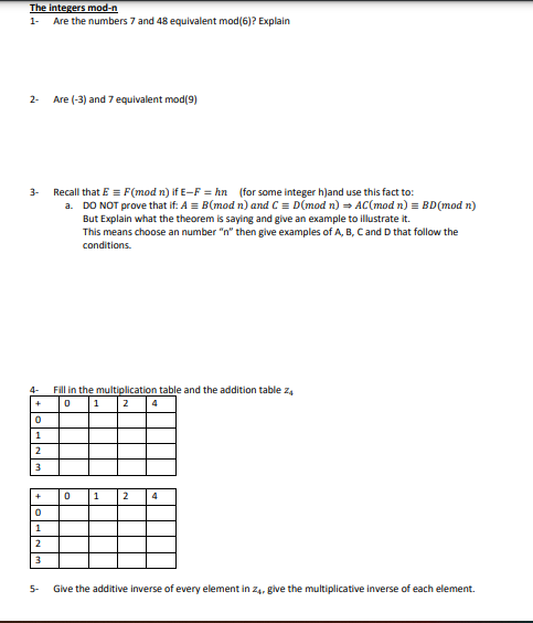 Solved 1- Are the numbers 7 and 48 equivalent mod(6) ? | Chegg.com