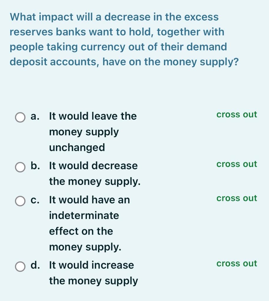 Solved What impact will a decrease in the excess reserves | Chegg.com