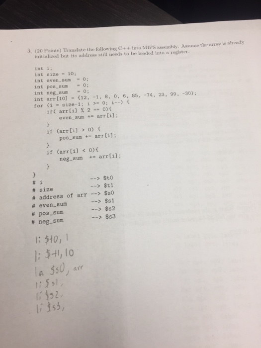 Solved 3. (20 Points) Translate the following C++ into MIPS | Chegg.com