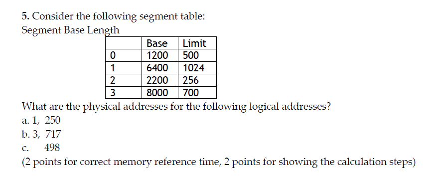 Solved 5. Consider the following segment table: Segment Base | Chegg.com