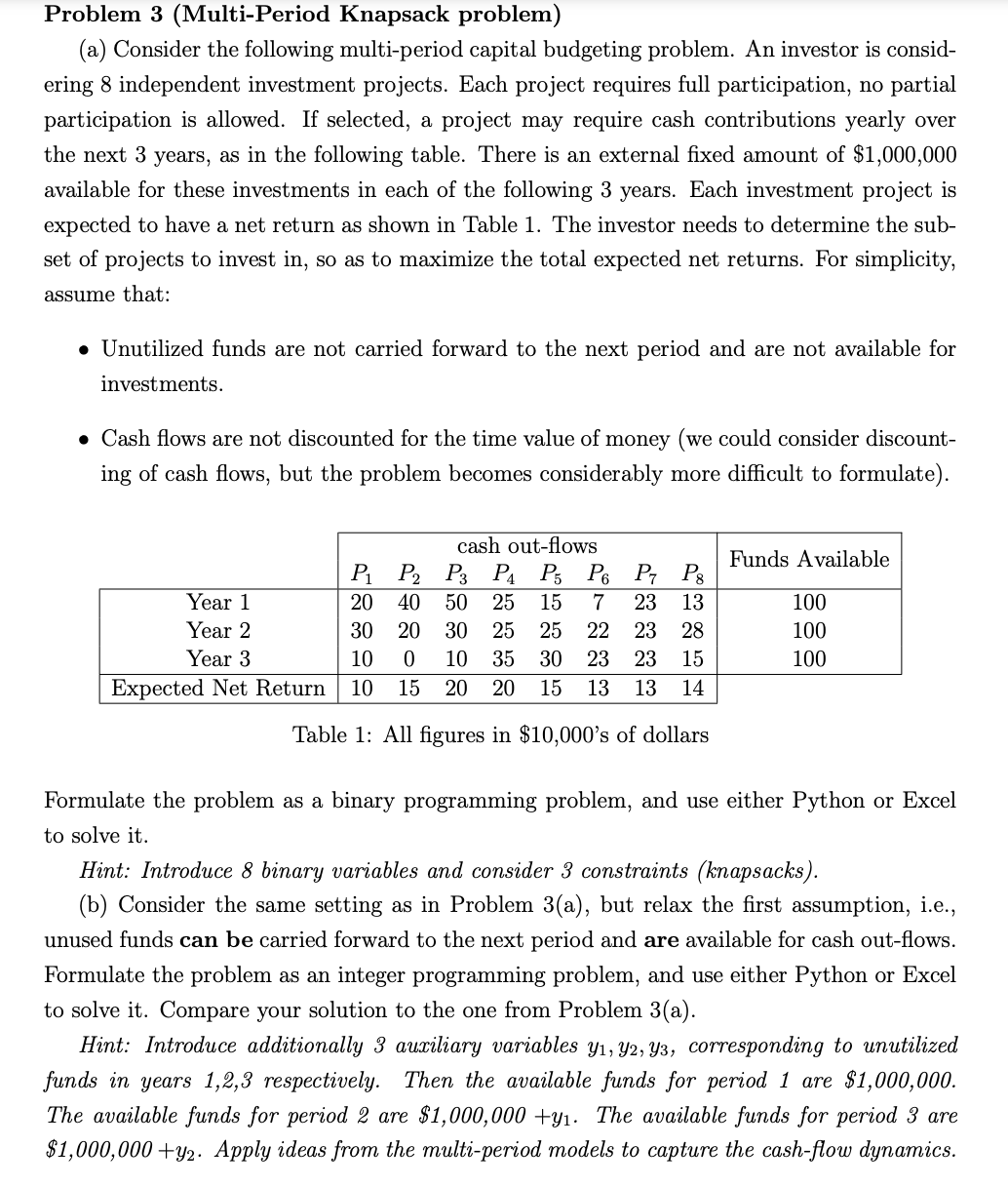 Solved Problem 3 (Multi-Period Knapsack problem) (a) | Chegg.com