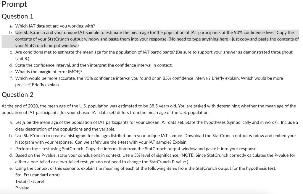 Question 1 a. Which IAT data set are you working | Chegg.com