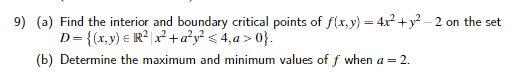 Solved 9) (a) Find the interior and boundary critical points | Chegg.com