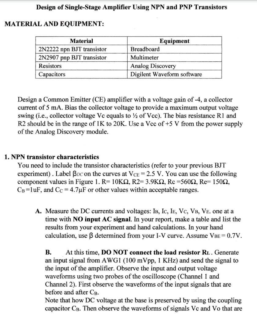 Design of Single-Stage Amplifier Using NPN and PNP | Chegg.com