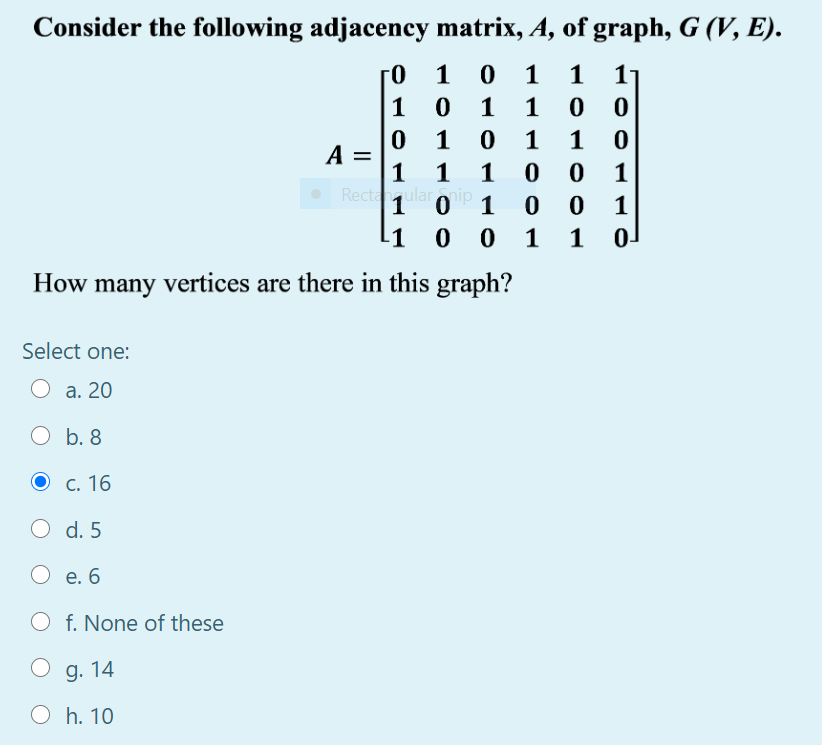 Solved Consider the following adjacency matrix, A, of graph, | Chegg.com