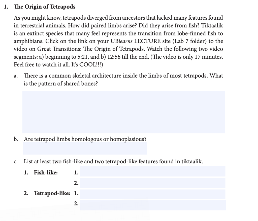 1. The Origin of Tetrapods As you might know, | Chegg.com