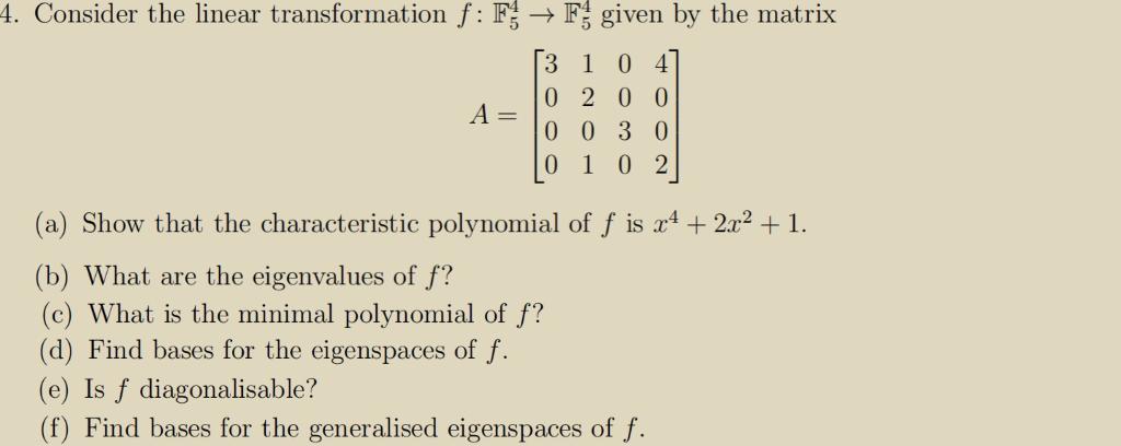 Solved Consider the linear transformation f:F54→F54 given by | Chegg.com