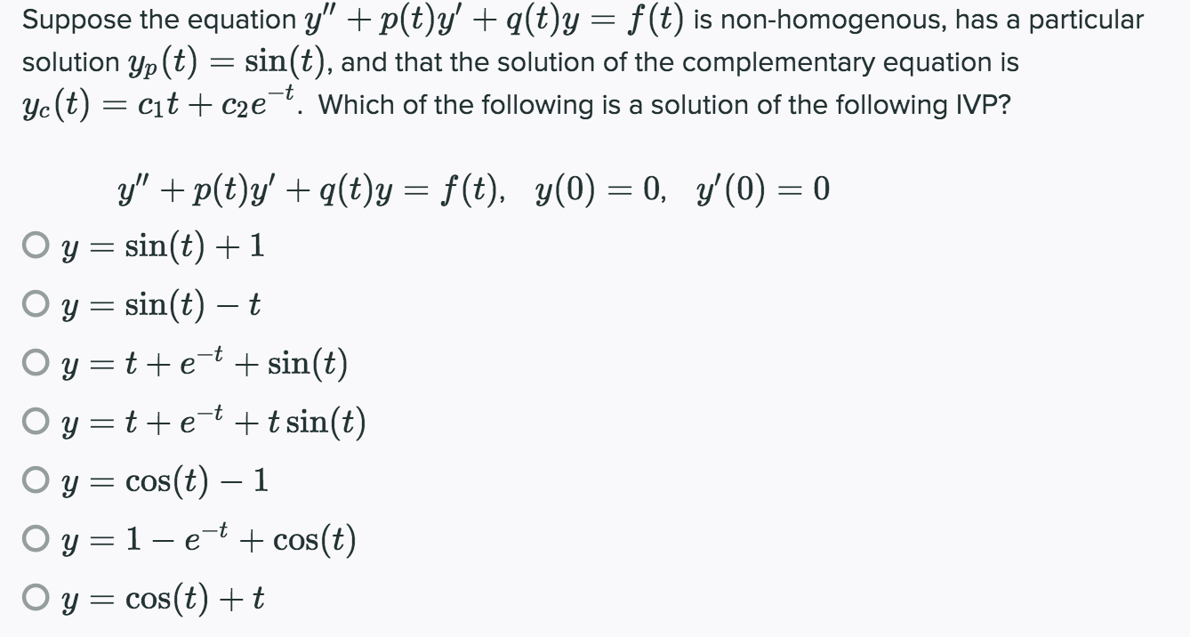 Solved Suppose the equation y" + p(t)y' + a(t)y = f(t) is | Chegg.com