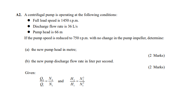 Solved A2. A centrifugal pump is operating at the following | Chegg.com