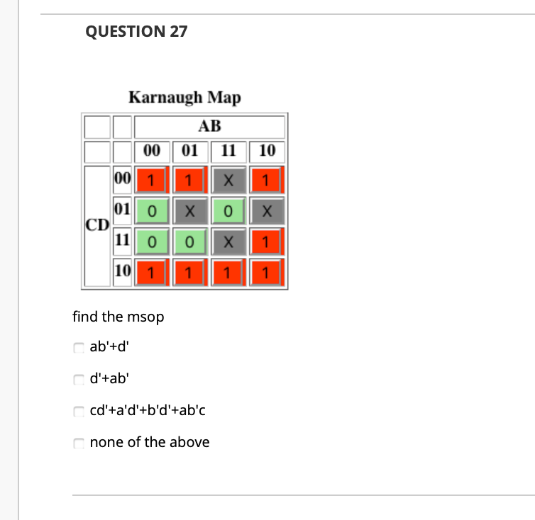 Solved QUESTION 21 This is B xor D Karnaugh Map AB 00 01 11 | Chegg.com