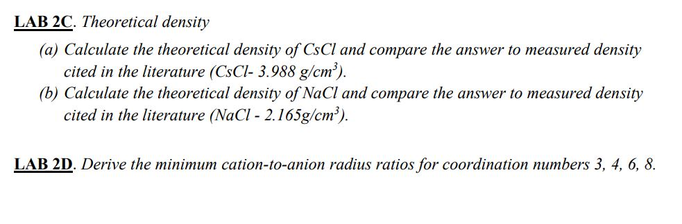 Solved LAB 2C. Theoretical density (a) Calculate the | Chegg.com