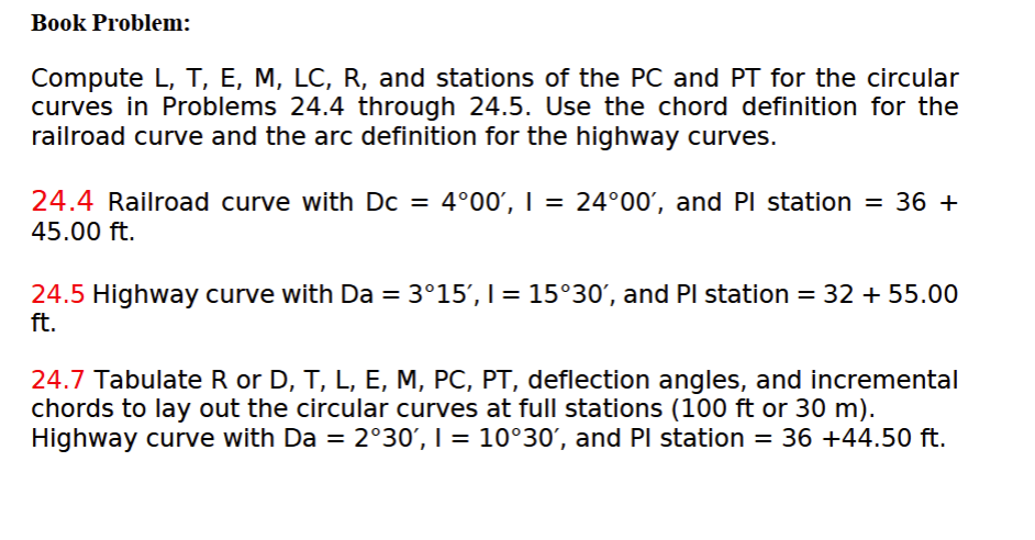 Solved Book Problem:Compute L, T, E, M, LC, R, ﻿and stations | Chegg.com