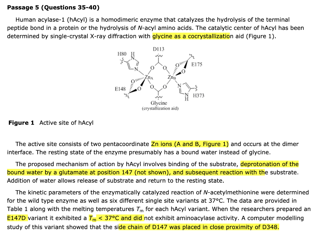 Solved Passage 5 (Questions 35-40) Human acylase-1 (hAcyl) | Chegg.com