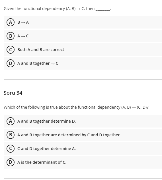Solved Given the functional dependency (A,B)C, then A BA BAC | Chegg.com